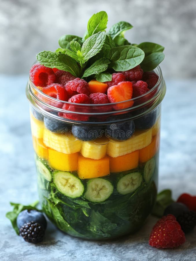 Layered Fruit Salad in a Mason Jar with Mint Leaves on Top Stock Photo ...