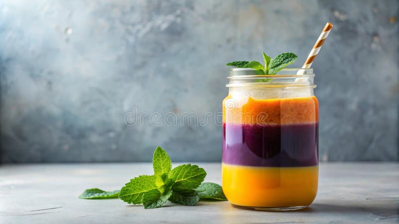 Layered Fruit Smoothie in a Mason Jar with Mint Garnish. Generative AI ...