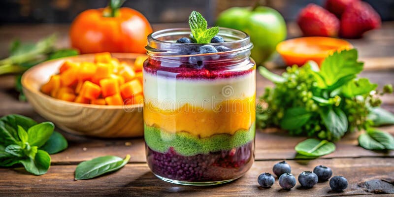 Layered Fruit and Vegetable Parfait in Glass Jar with Fresh Herbs ...