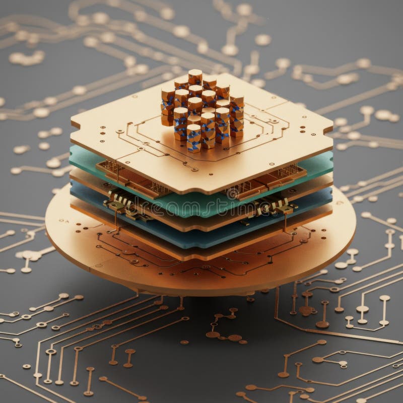 Layered Gold Circuit Board with Teal and Blue Components Stock ...