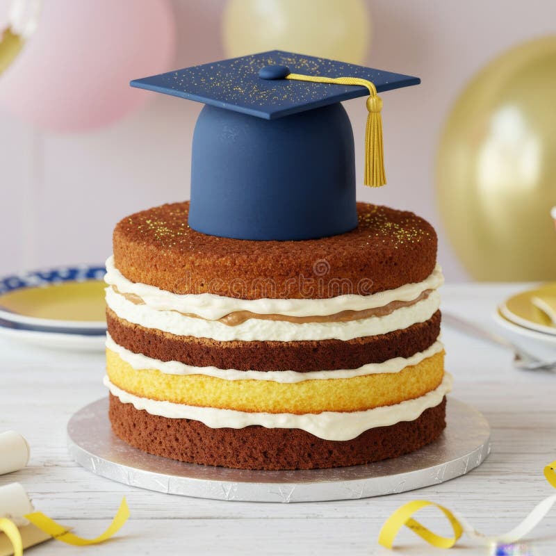 Layered Graduation Cake with Blue Mortarboard Stock Illustration ...