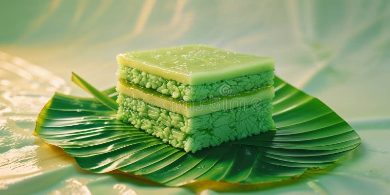 Layered Green Rice Cake Dessert on Banana Leaf. Stock Image - Image of ...
