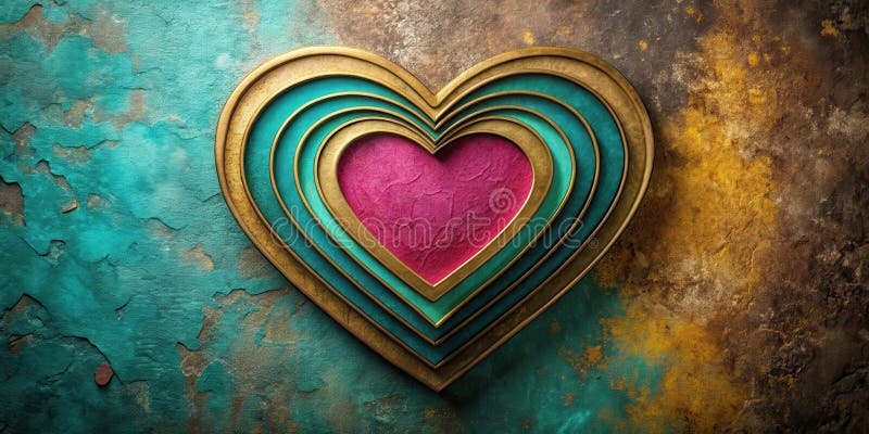 Layered Heart Shape with Gold and Teal Accents on Textured Background ...