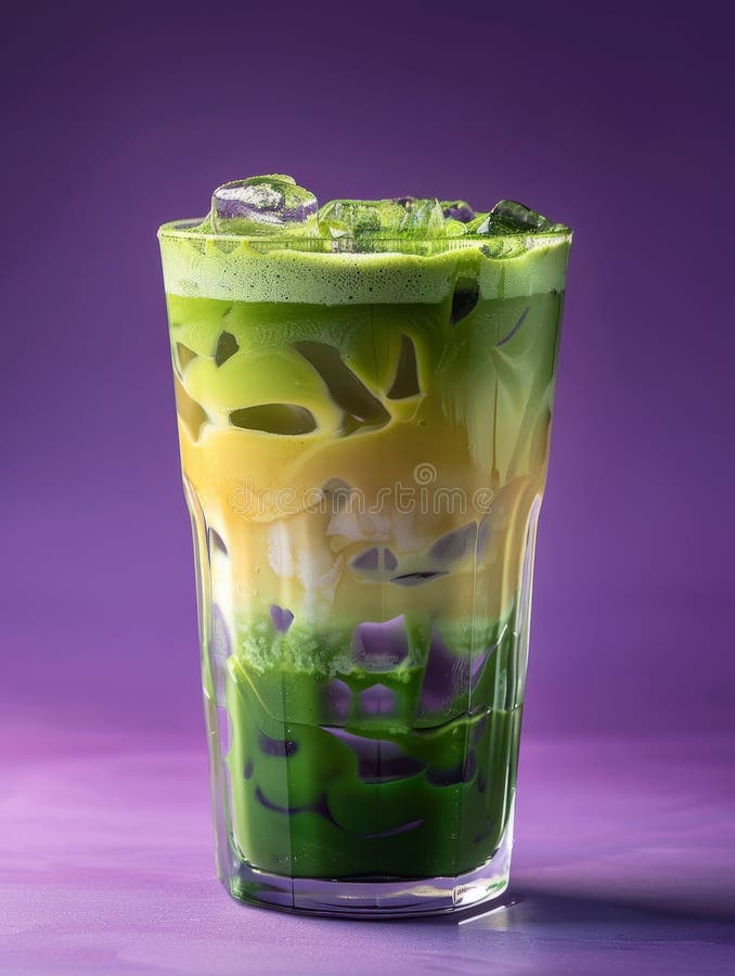 Layered Iced Matcha Drink Glass Purple Background Stock Photos - Free ...