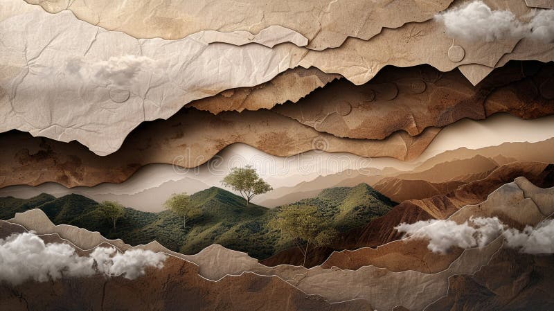 Layered Landscape with Mountains Trees and Clouds in Earth Tones ...