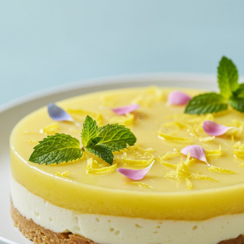 Layered Lemon Cheesecake Dessert with Mint and Petals Stock ...