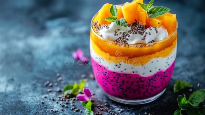 Layered Mango Dragon Fruit Yogurt Parfait with Chia Seeds Stock ...