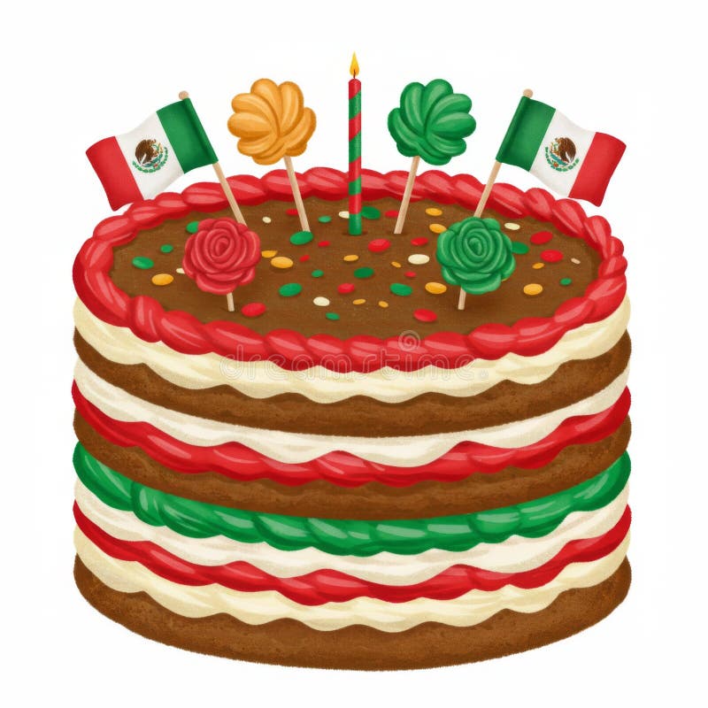 Layered Mexican Flag Cake with Candy and Candle Stock Illustration ...