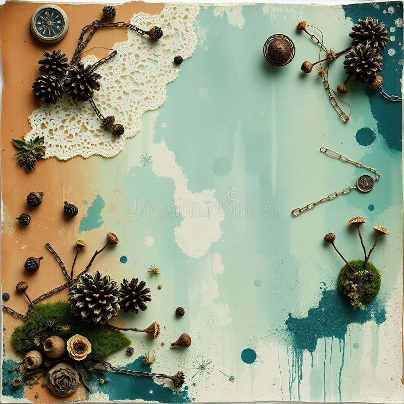 Layered Mixed Media Background with Branches, Leaves, and Weathered ...