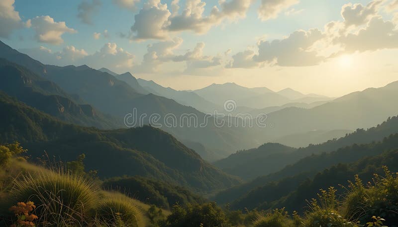 Scenic Mountain Range Landscape at Sunset with Overlapping Peaks Stock ...