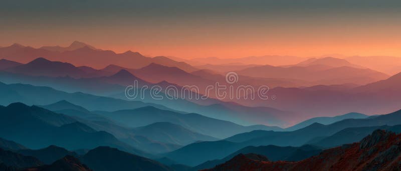 Layered Mountains at Sunset with Warm Hues Stock Illustration ...
