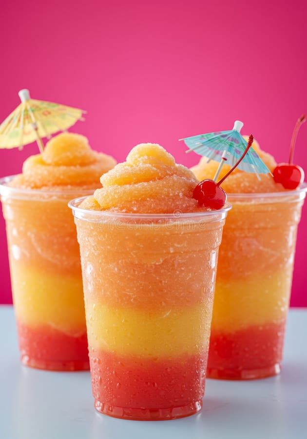 Layered Orange Yellow Red Slushy Drinks with Cherries and Umbrellas ...