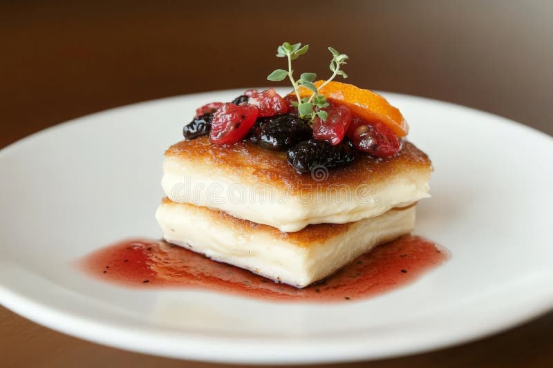 Layered Pancakes Served with Berry Compote and Herbs, Crispy Pancake ...