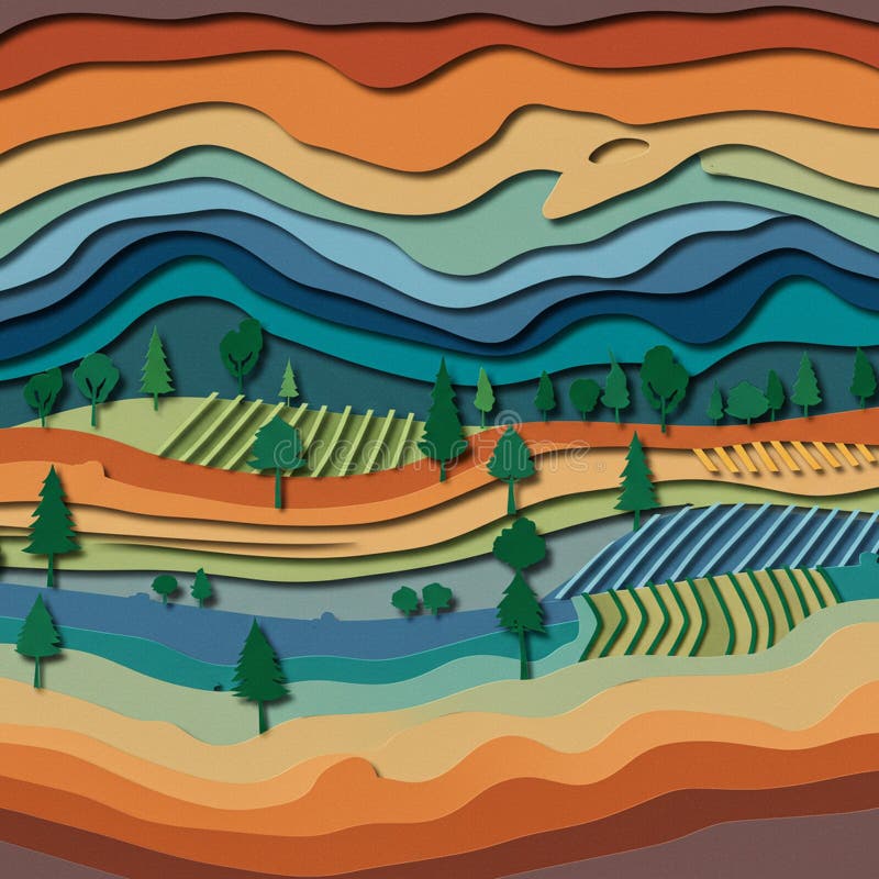 Layered Paper Art Depicts a Vibrant Landscape with Rolling Hills ...