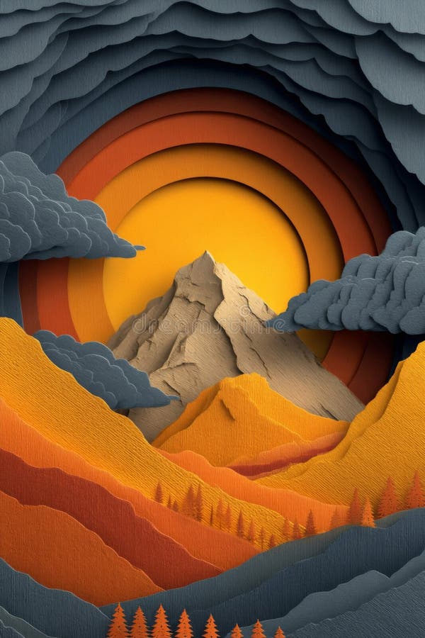 Layered Paper Art Mountain Sunset Landscape Stock Illustration ...