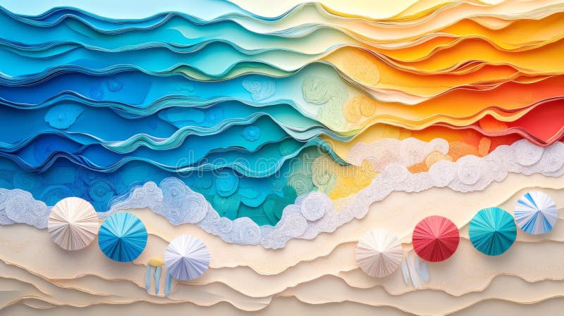 Layered Paper Beach Scene with Colorful Umbrellas Stock Illustration ...