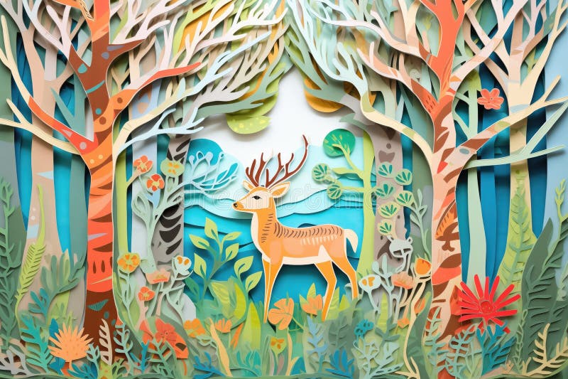 Layered Paper Cut Forest Scene with Deer and Trees Stock Photo - Image ...