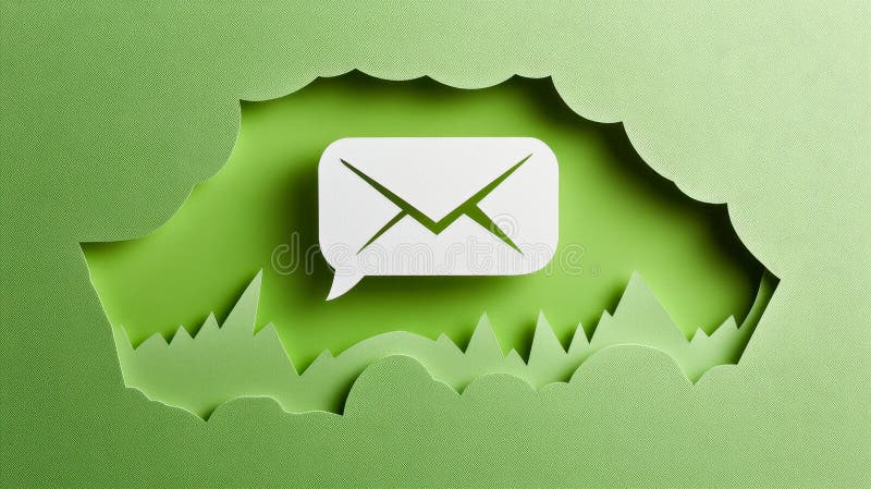 Creative Paper Cutout Email Icon with Speech Bubble Over Green ...