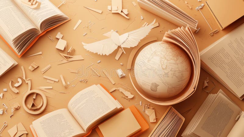 Creative Educational Backdrop Featuring a Layered Paper Globe, Flying ...