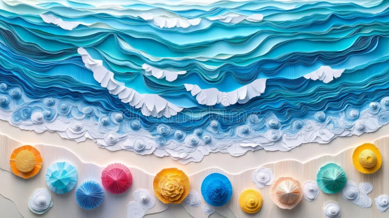 Layered Paper Ocean Waves and Beach Scene Stock Illustration ...