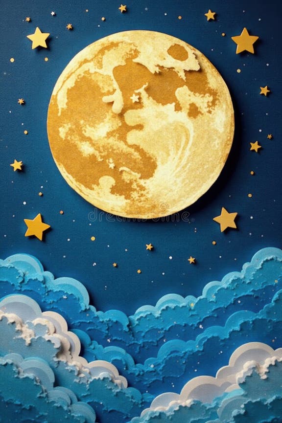 Layered Papercut Moon Stars; Fluffy Clouds Backdrop , Vector, Simple ...