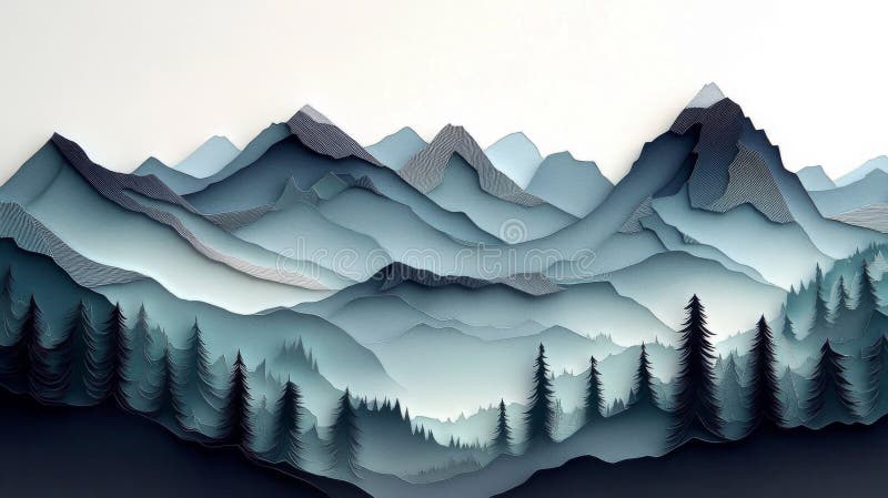 Layered Papercut Mountain Landscape with Forest and Fog Stock ...