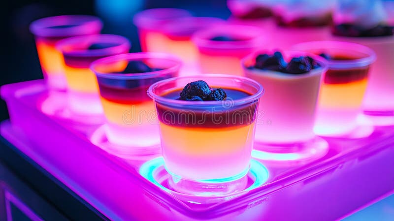 Layered Pudding Desserts Glowing in Clear Cups with Neon Trays . Stock ...