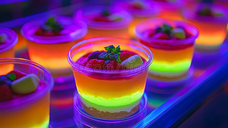 Layered Pudding Desserts Glowing in Clear Cups with Neon Trays . Stock ...
