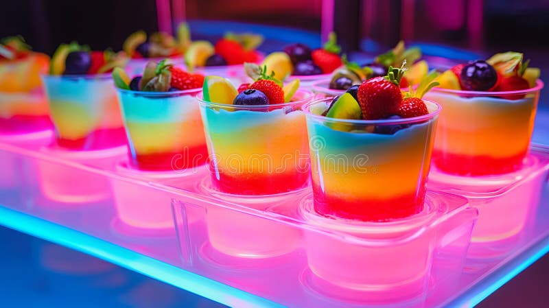 Layered Pudding Desserts Glowing in Clear Cups with Neon Trays . Stock ...