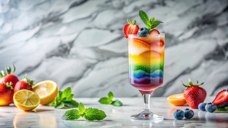 Layered Rainbow Fruit Drink in a Glass with Fresh Berries and Mint ...
