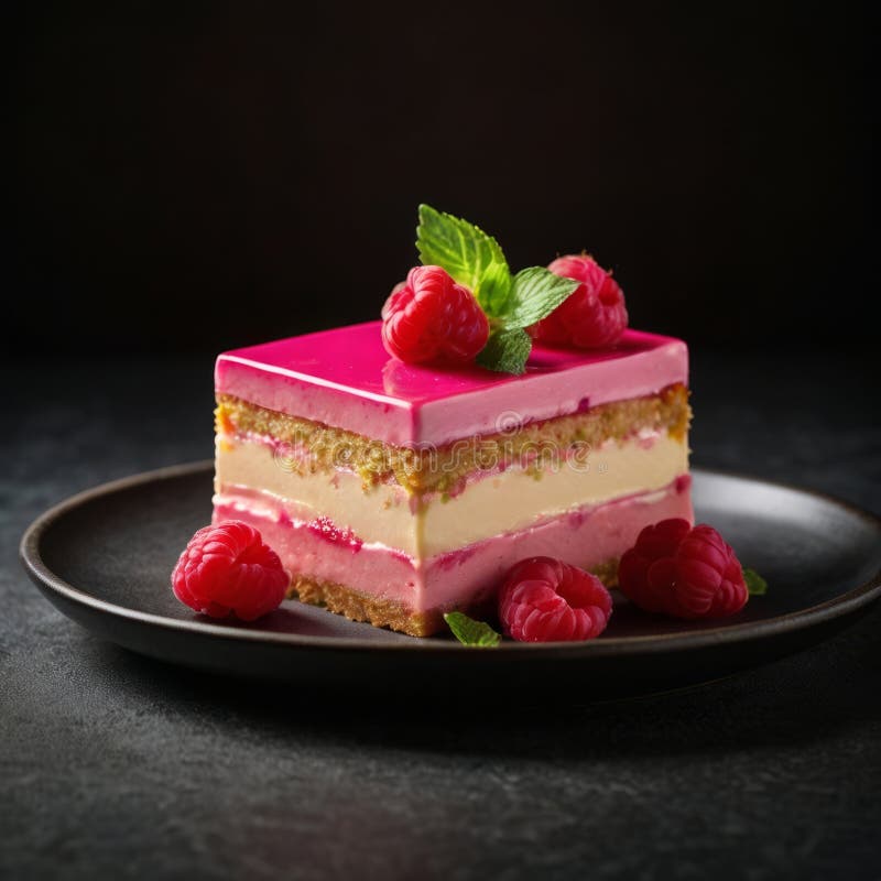 Layered Raspberry Mousse Cake with Fresh Berries and Mint on Dark Plate ...