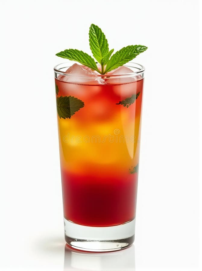 Layered Red and Yellow Drink with Muddled Mint and Mint Sprig on White ...