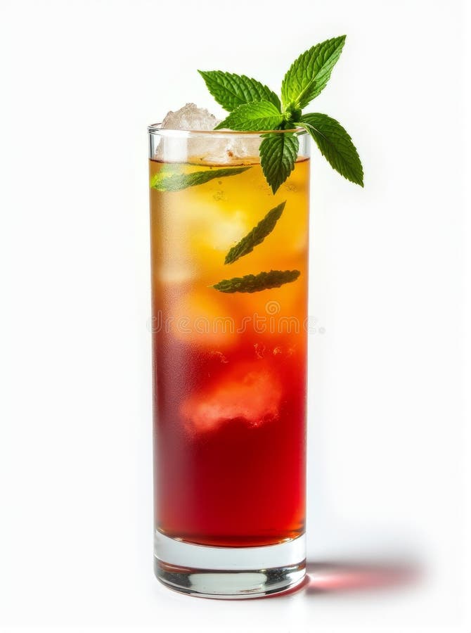 Layered Red and Yellow Drink with Muddled Mint and Mint Sprig on White ...