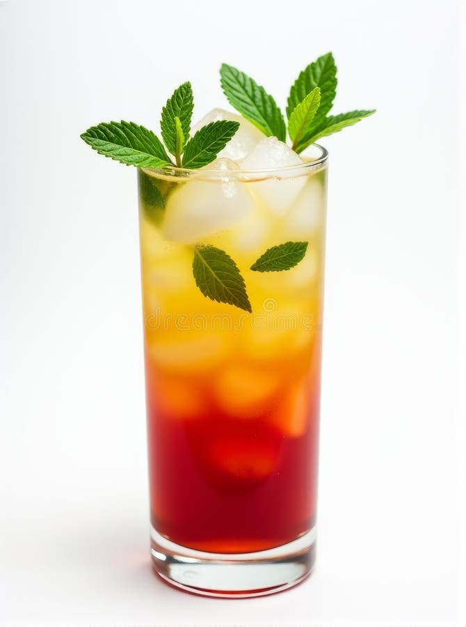 Layered Red and Yellow Drink with Muddled Mint and Mint Sprig on White ...