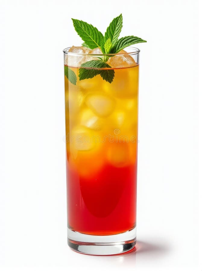 Layered Red and Yellow Drink with Muddled Mint and Mint Sprig on White ...