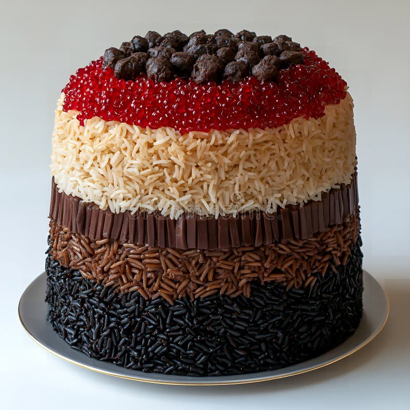 Layered Rice Cake Dessert with Chocolate and Red Candy Toppings Stock ...
