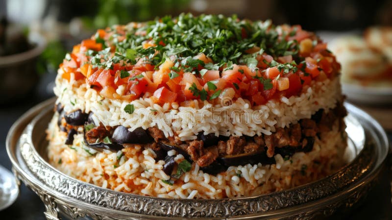 Layered Rice Dish with Eggplant and Tomatoes Stock Illustration ...