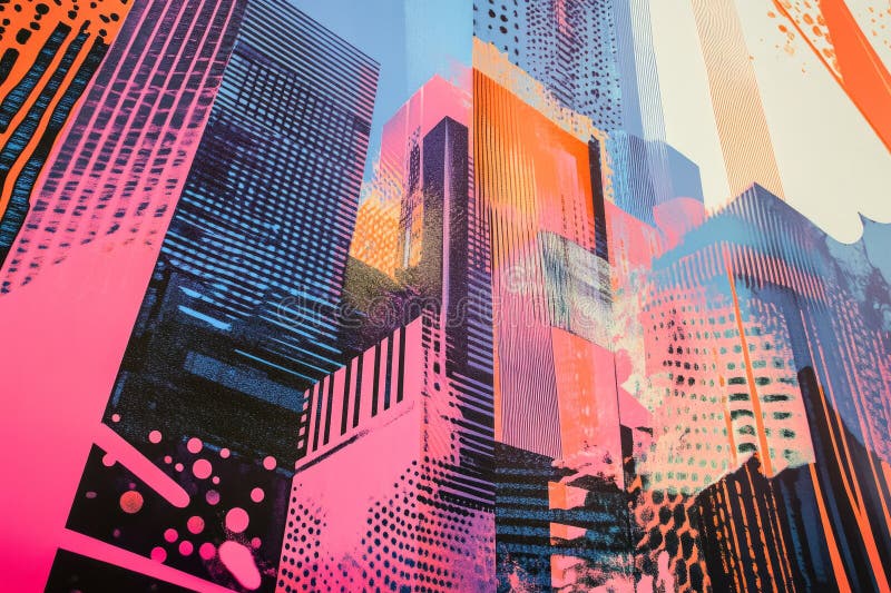 A Layered Risograph Print of an Urban Skyline, Filled with Exaggerated ...