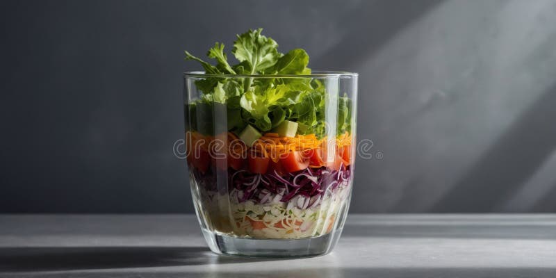 Layered Salad in a Glass with Artistic Shadow on Gray. Stock ...