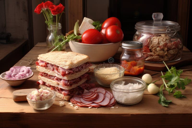 Layered Sandwich Ingredients on Wooden Table Stock Illustration ...