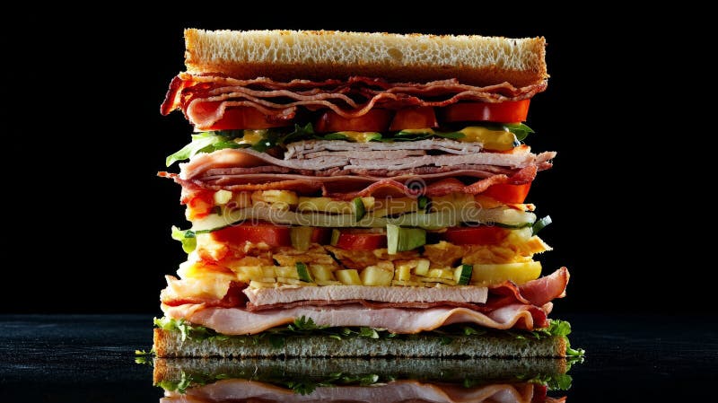 Layered Sandwich with Meat, Cheese, and Vegetables on Black Background ...