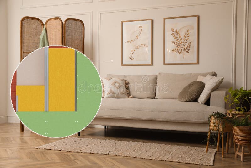 Layered Scheme of Wall Insulation and Stylish Room Interior Stock Image ...