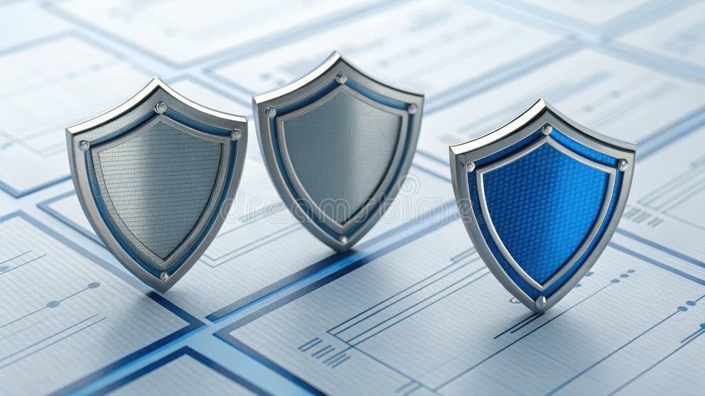 Layered Shield Icons Over Transparent Data Sheets on a Blue Background ...