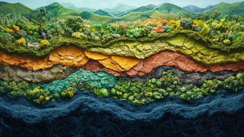 Layered Soil Cross Section Showing Diverse Vegetation and Geology Stock ...
