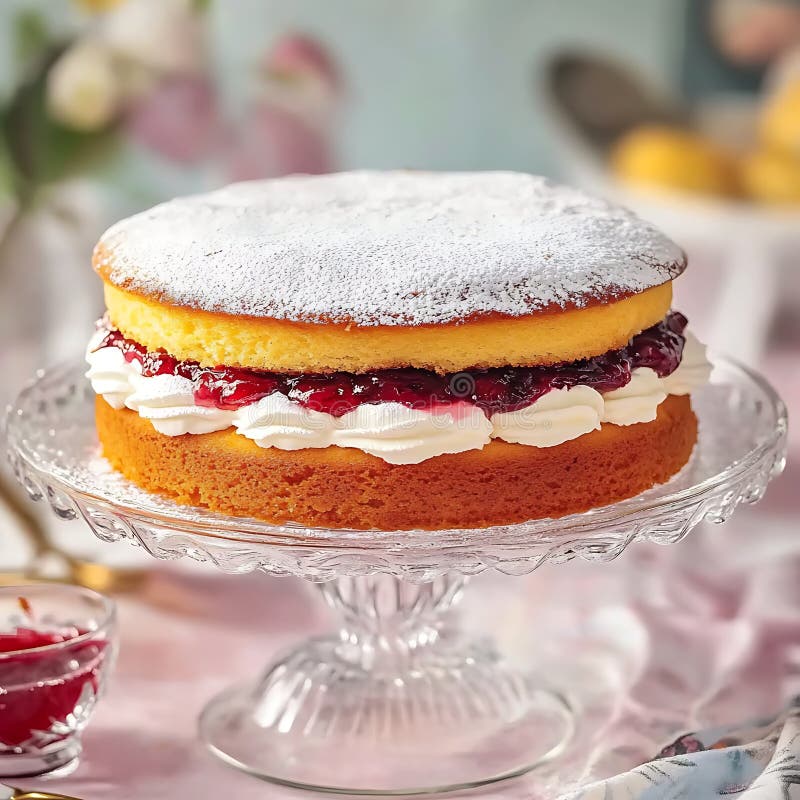Layered Sponge Cake with Cream and Jam on Display Stock Illustration ...