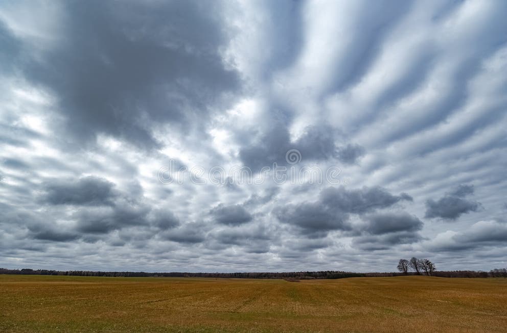 Layered Spring Clouds Over the Fields, Three Trees on the Mountain ...