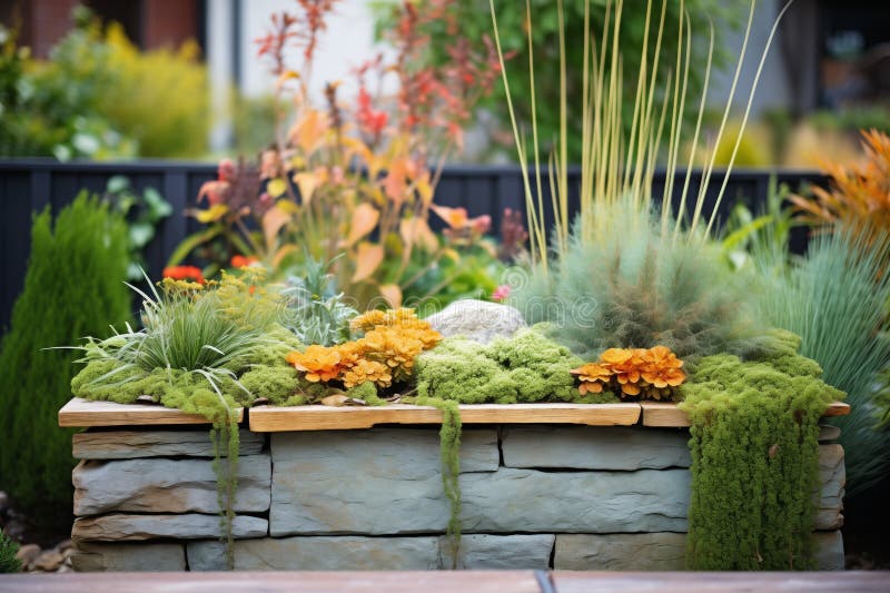 A Layered Stone Raised Bed with Cascading Greenery Stock Image - Image ...