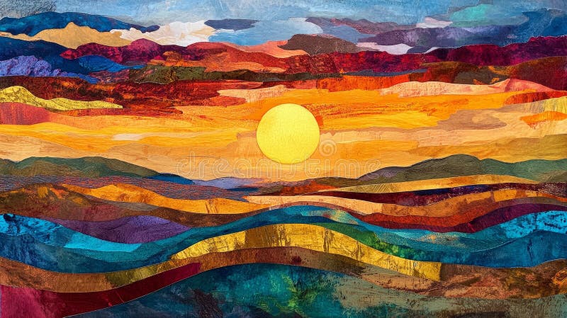 Layered Sunset Landscape Art Stock Illustration - Illustration of style ...