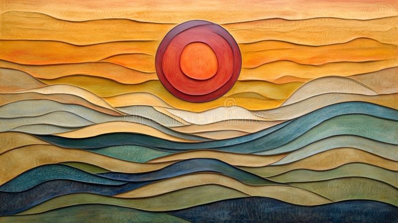 Layered Sunset Over Rolling Hills and Ocean Waves Stock Illustration ...