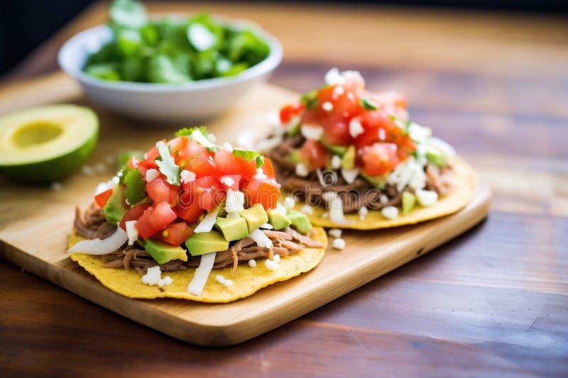 Layered Tostadas with Refried Beans, Cheese, Salsa Stock Image - Image ...